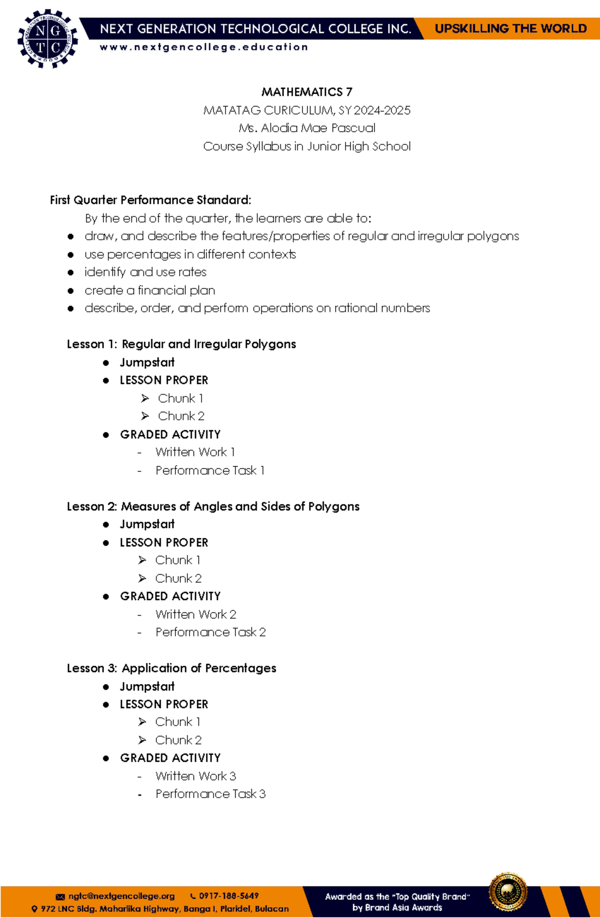 MATH 7 Syllabus: Matatag Curriculum Overview SY 2024-2025 - Studocu
