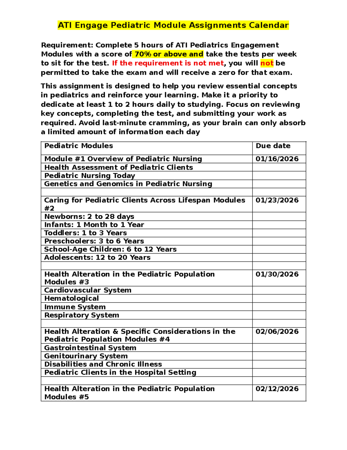ATI Engage Pediatric Modules Assignment Calendar - Studocu