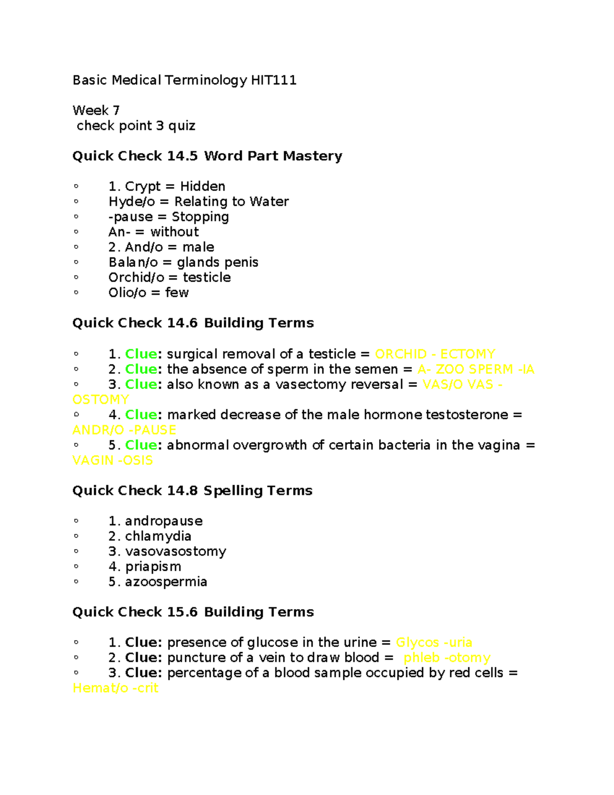 Basic Medical Terminology HIT111 Week 7 Checkpoint 3 Quiz Notes - Studocu