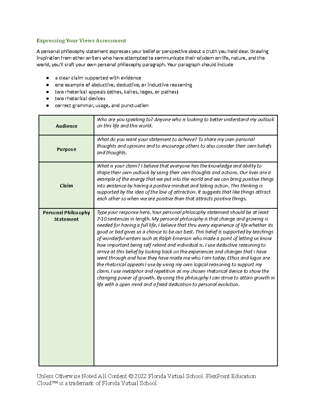 English 5: Expressing Your Views Assignment on Personal Philosophy ...