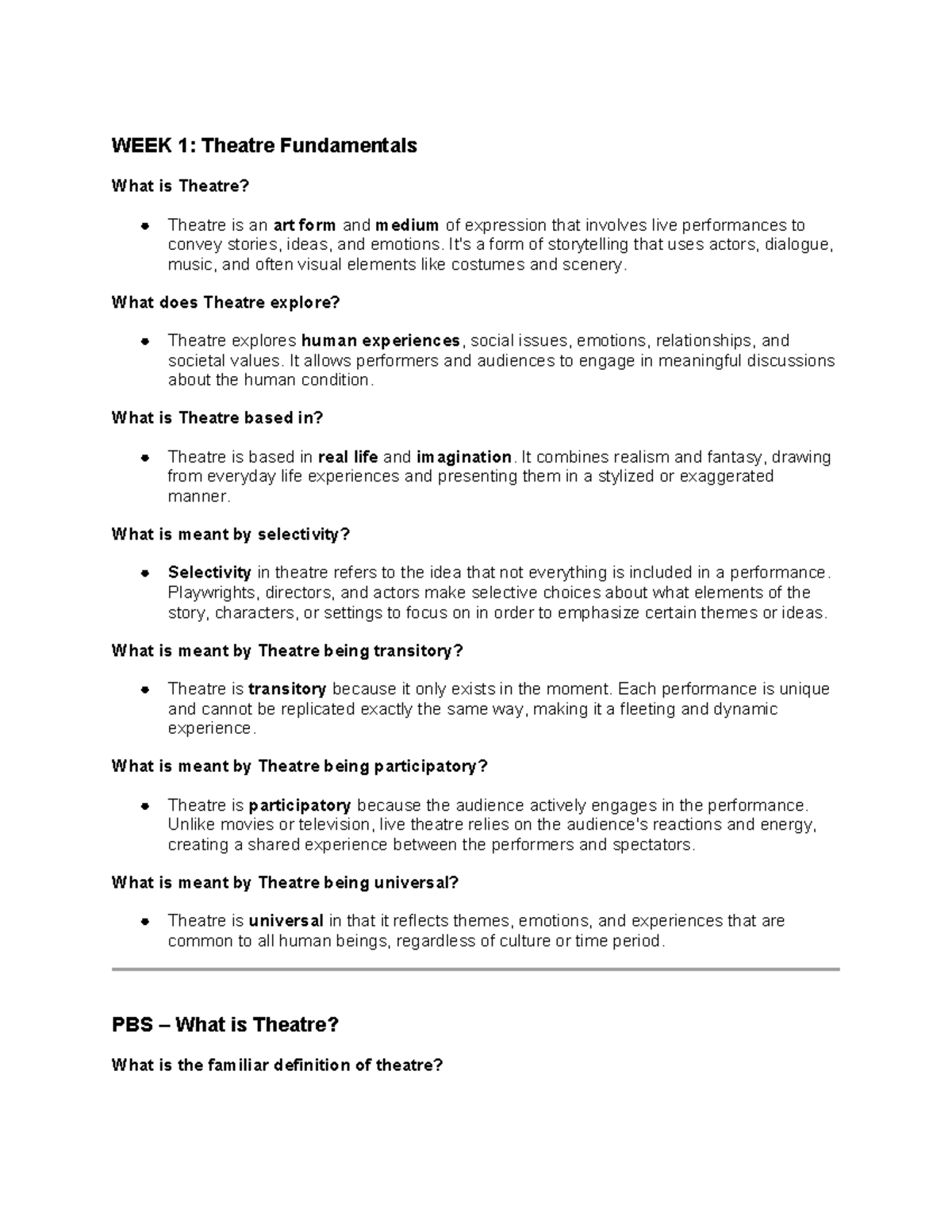 Theatre 101: Week 1-3 Notes on Fundamentals & Concepts - Studocu