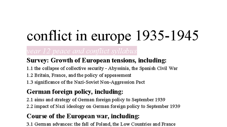 Conflict in Europe 1935-1945: Year 12 Peace and Conflict Syllabus - Studocu