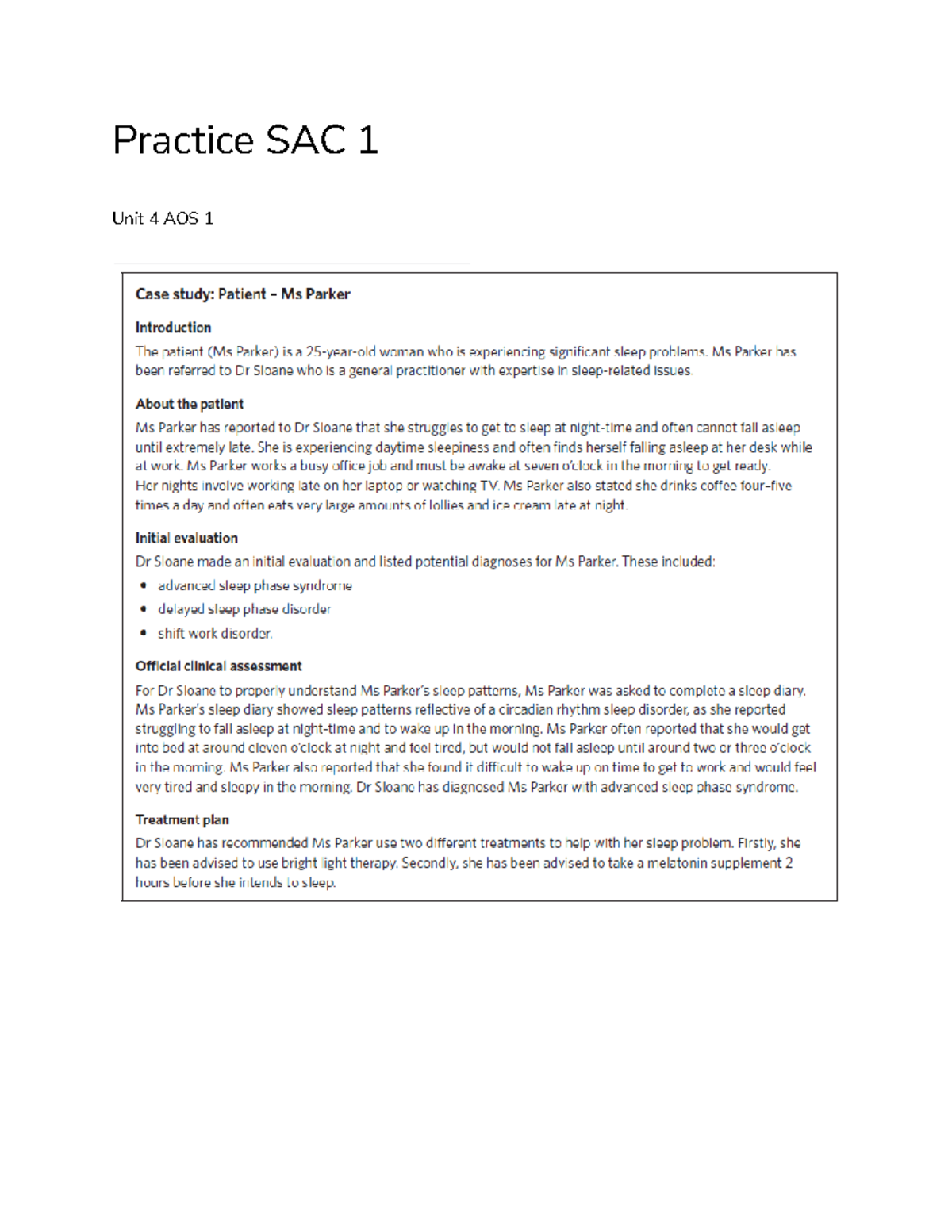 Practice SAC 1 - Unit 4 AOS 1: Sleep Disorders & Regulation Analysis ...