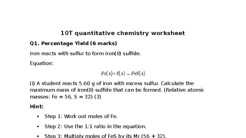 10T Practice Worksheet: Quantitative Chemistry Concepts and ...
