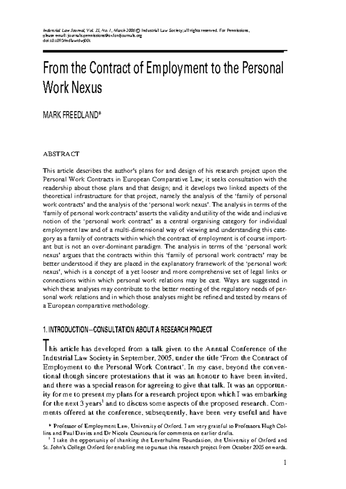 From the Contract of Employment to the Personal Work Nexus: Insights from ILJ - Studocu