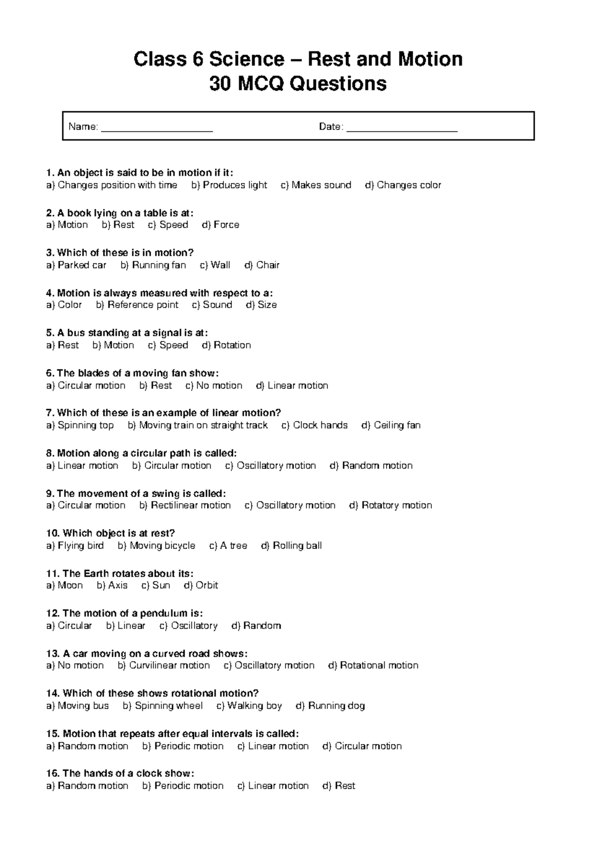 Class 6 Science Rest and Motion MCQ Worksheet - Studocu