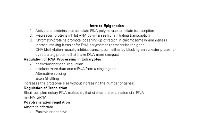 Introduction to Epigenetics: Mechanisms & Regulation (BIO 101) - Studocu