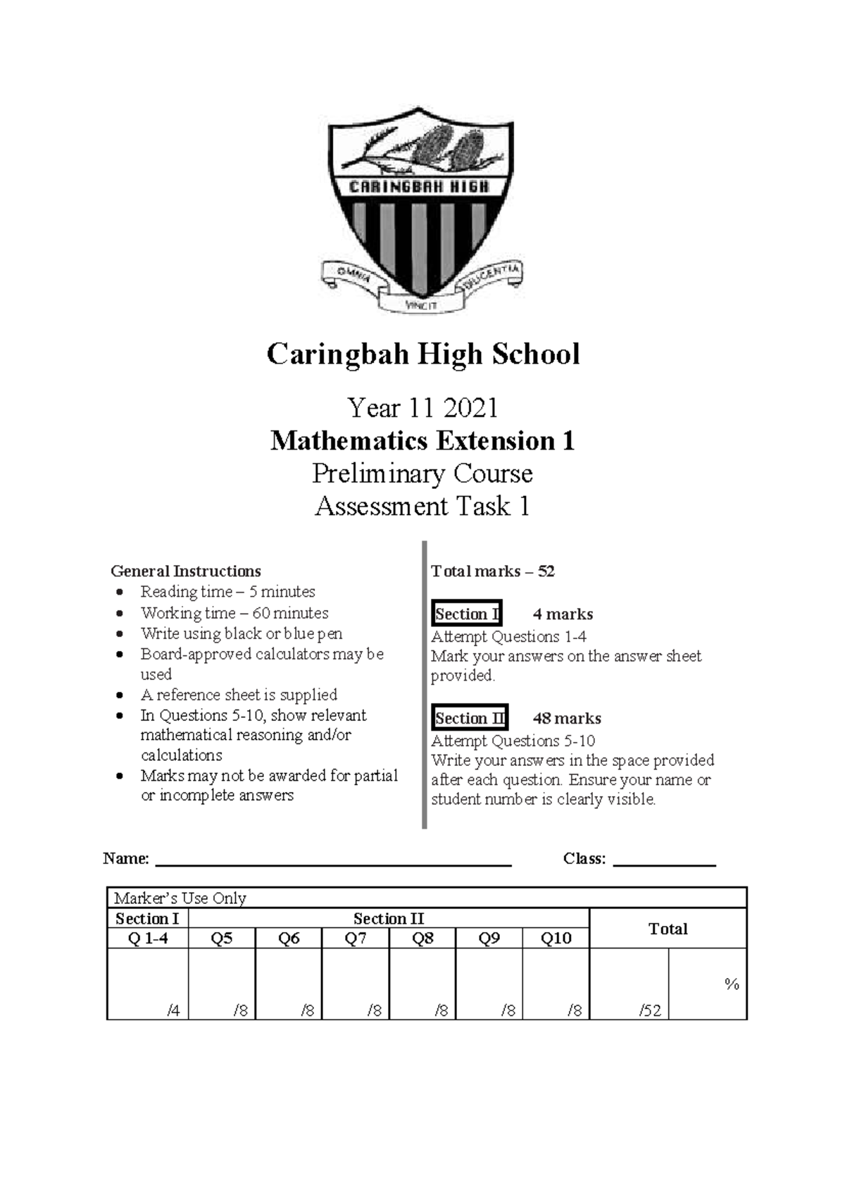 2021 Year 11 Mathematics Extension 1 Preliminary AT1 Exam Guide - Studocu