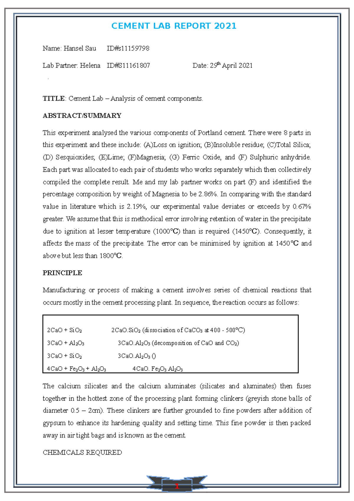 LAB#3 Report - Cement LAB - Name: Hansel Sau ID#s Lab Partner: Helena ...