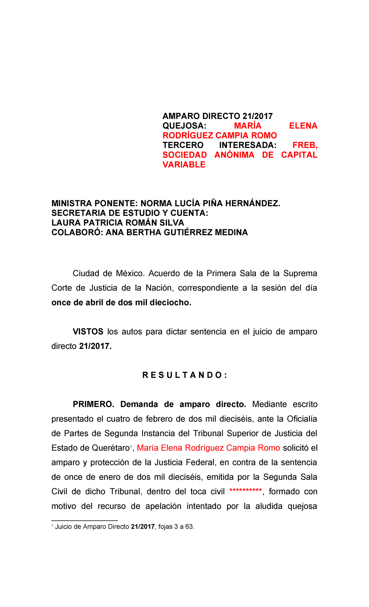 AMPARO DIRECTO: MARÍA ELENA RODRÍGUEZ CAMPIA ROMO vs. FREB, S.A. de C.V ...