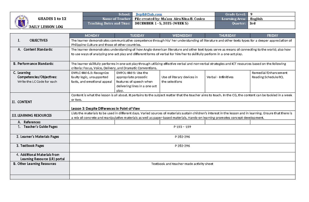 DLL English 9 Q3 W5 - Daily Lesson Plans & Activities - Studocu