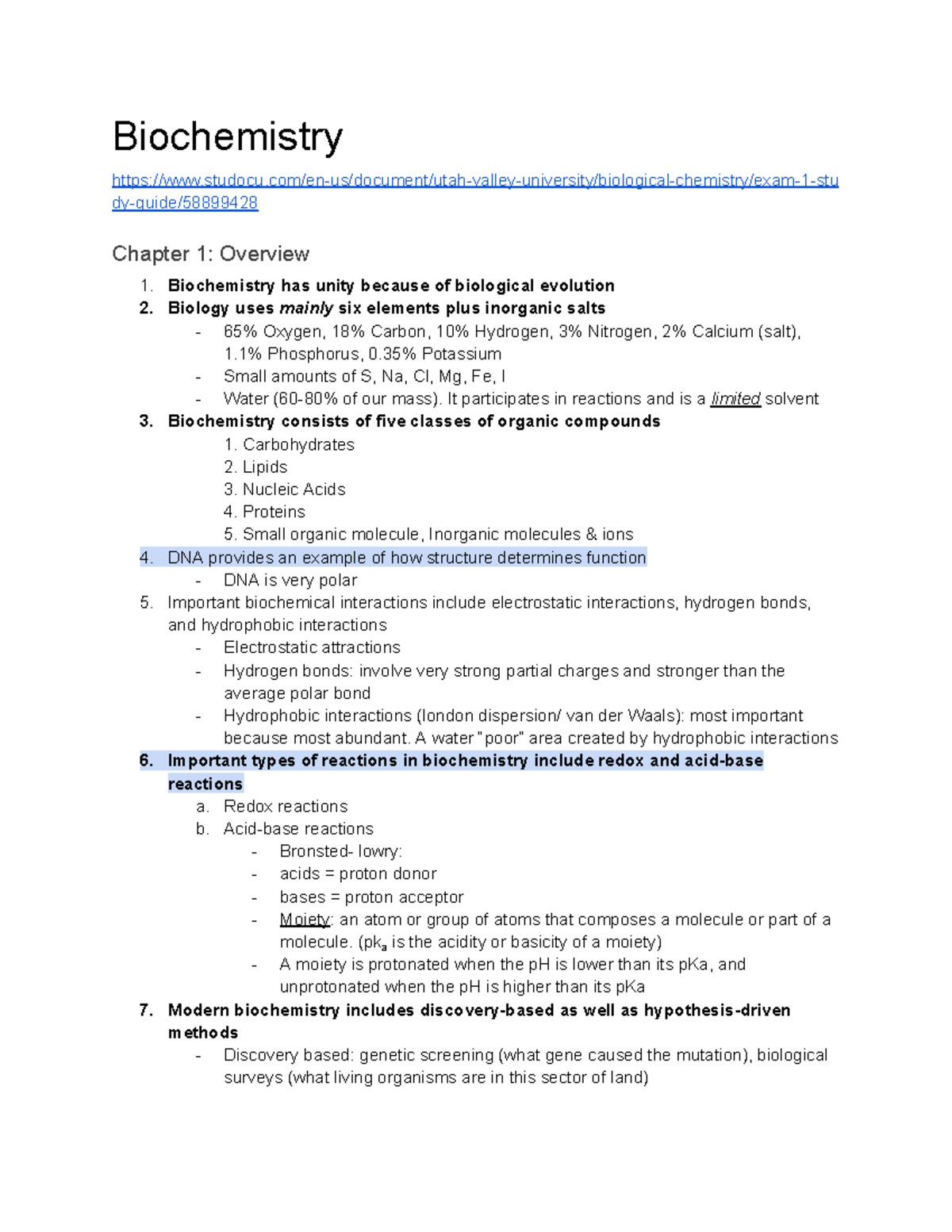Biochemistry - Exam 1 Study guide - Biochemistry - Studocu