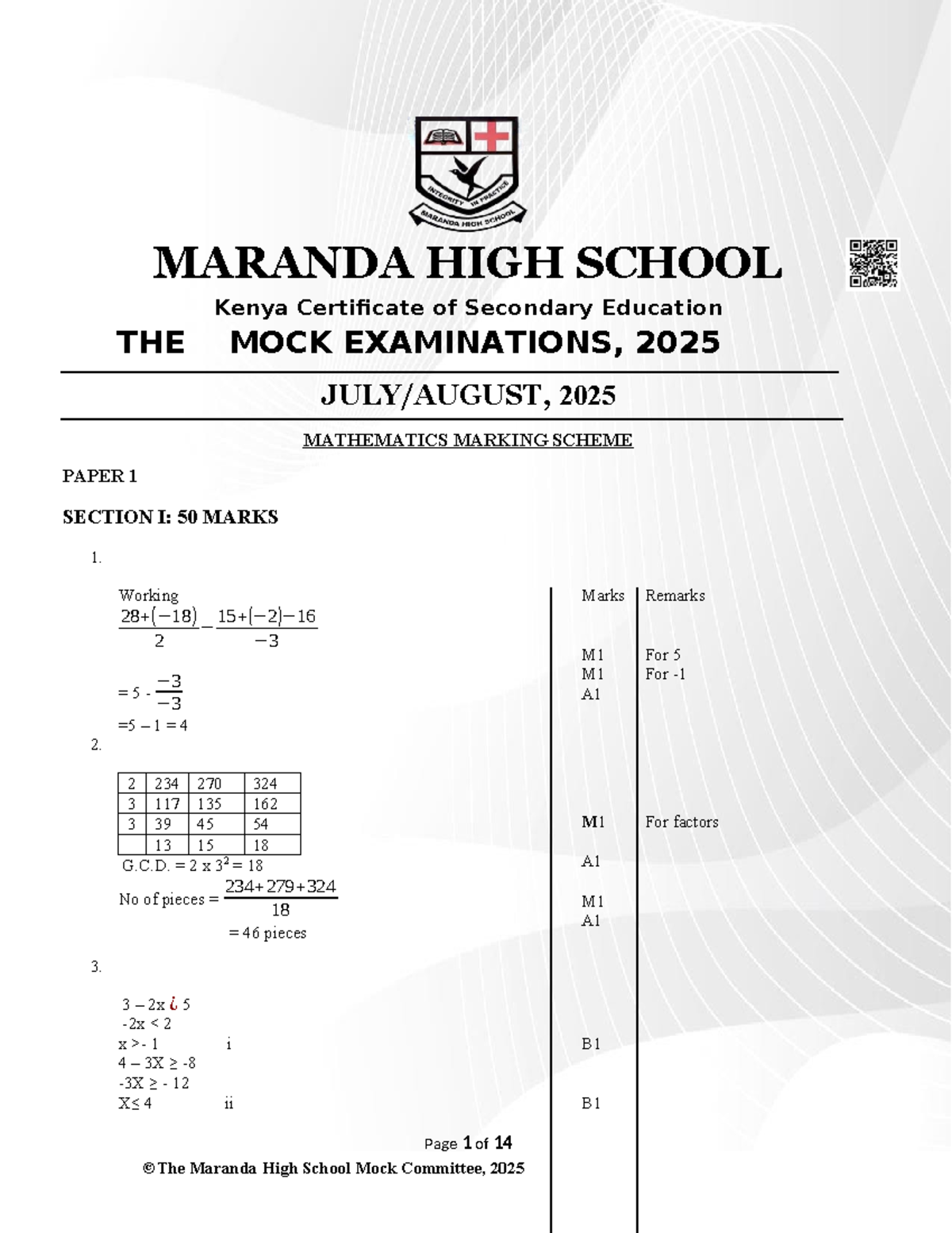 Maranda High School KCSE 2025 Mock Exam Mathematics Marking Scheme PP1 - Studocu