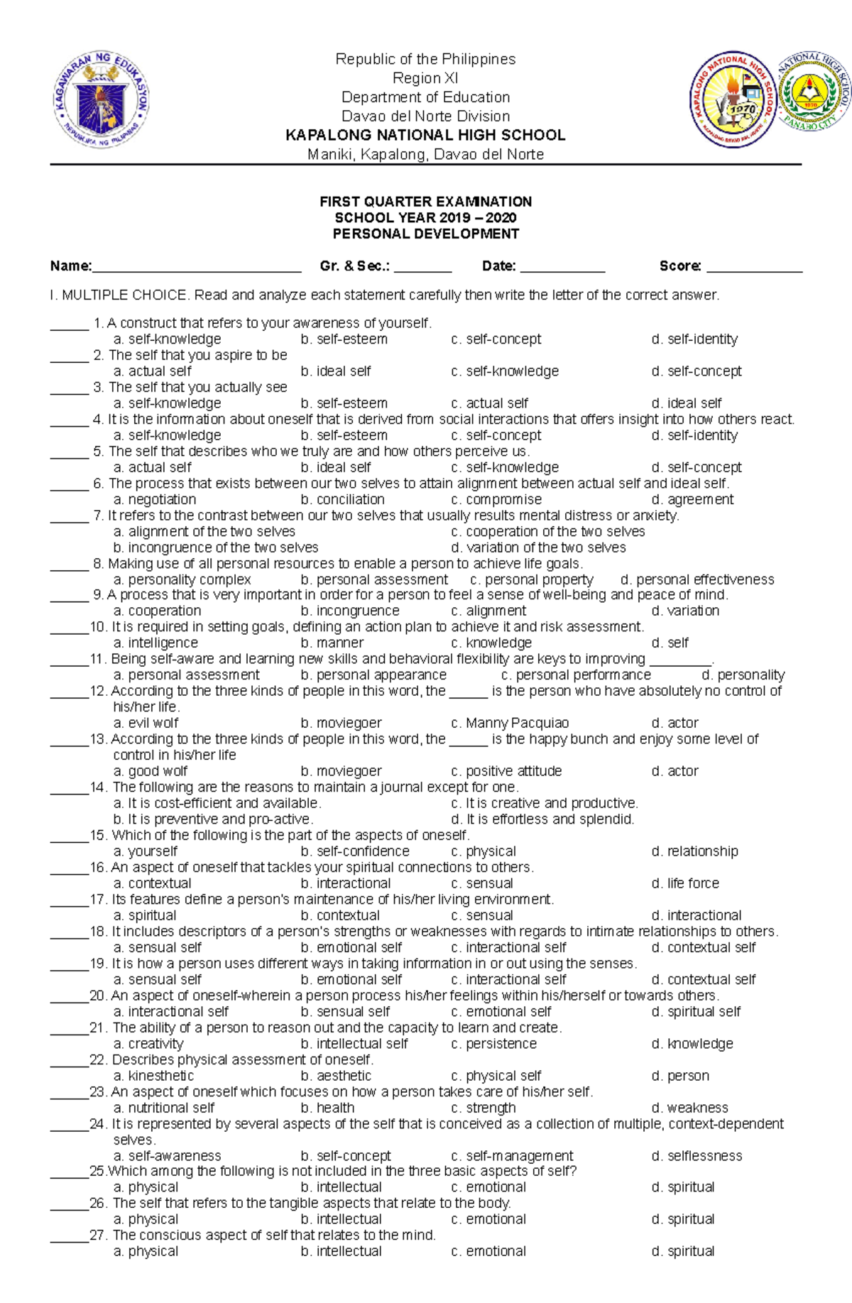 1st Quarter Personal Development Exam (SY 2019-2020) - Studocu