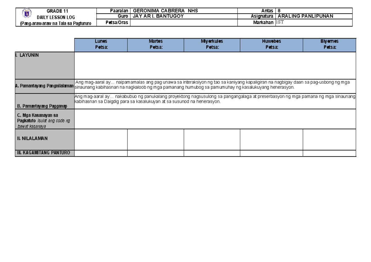 Grade 11 Daily Lesson Log in Araling Panlipunan (1st Quarter) - Studocu