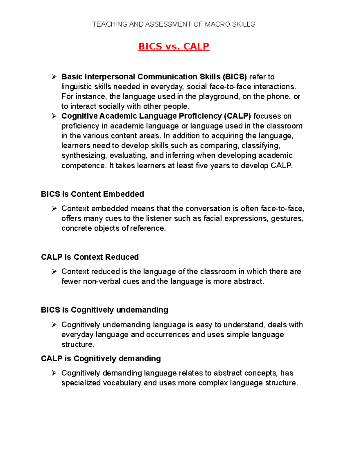 BICS vs. CALP: Understanding Macro Skills in Language Learning - Studocu