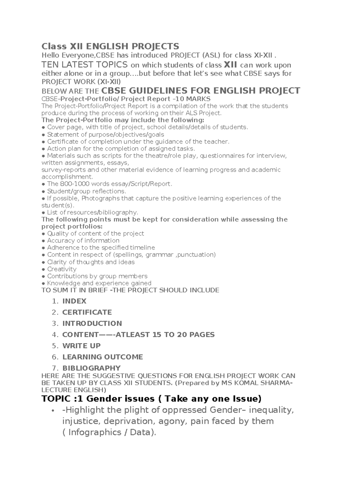 Class XII English Project Topics and Guidelines for ASL - Studocu