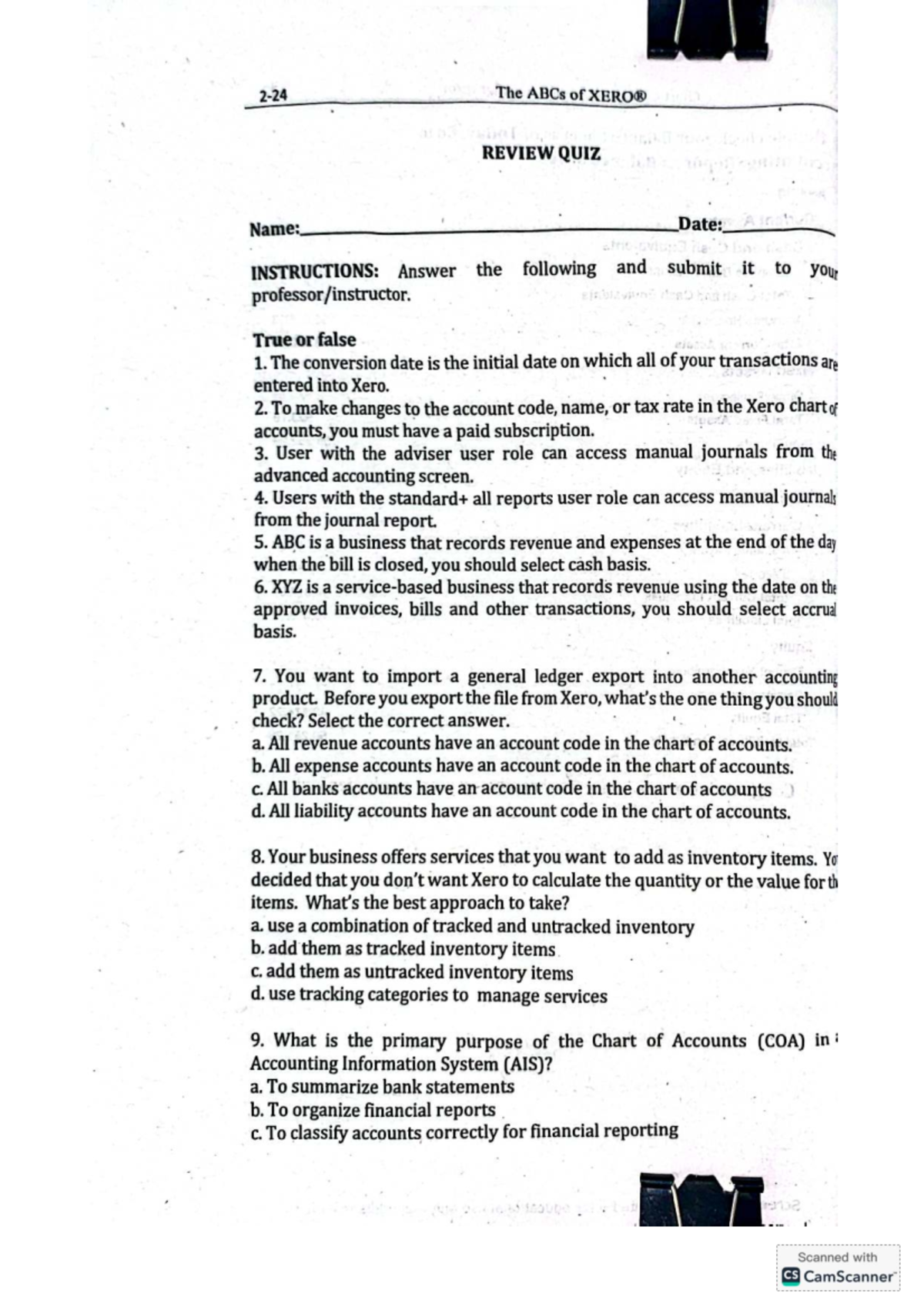 XERO Accounting Review Quiz: True or False Questions - Studocu