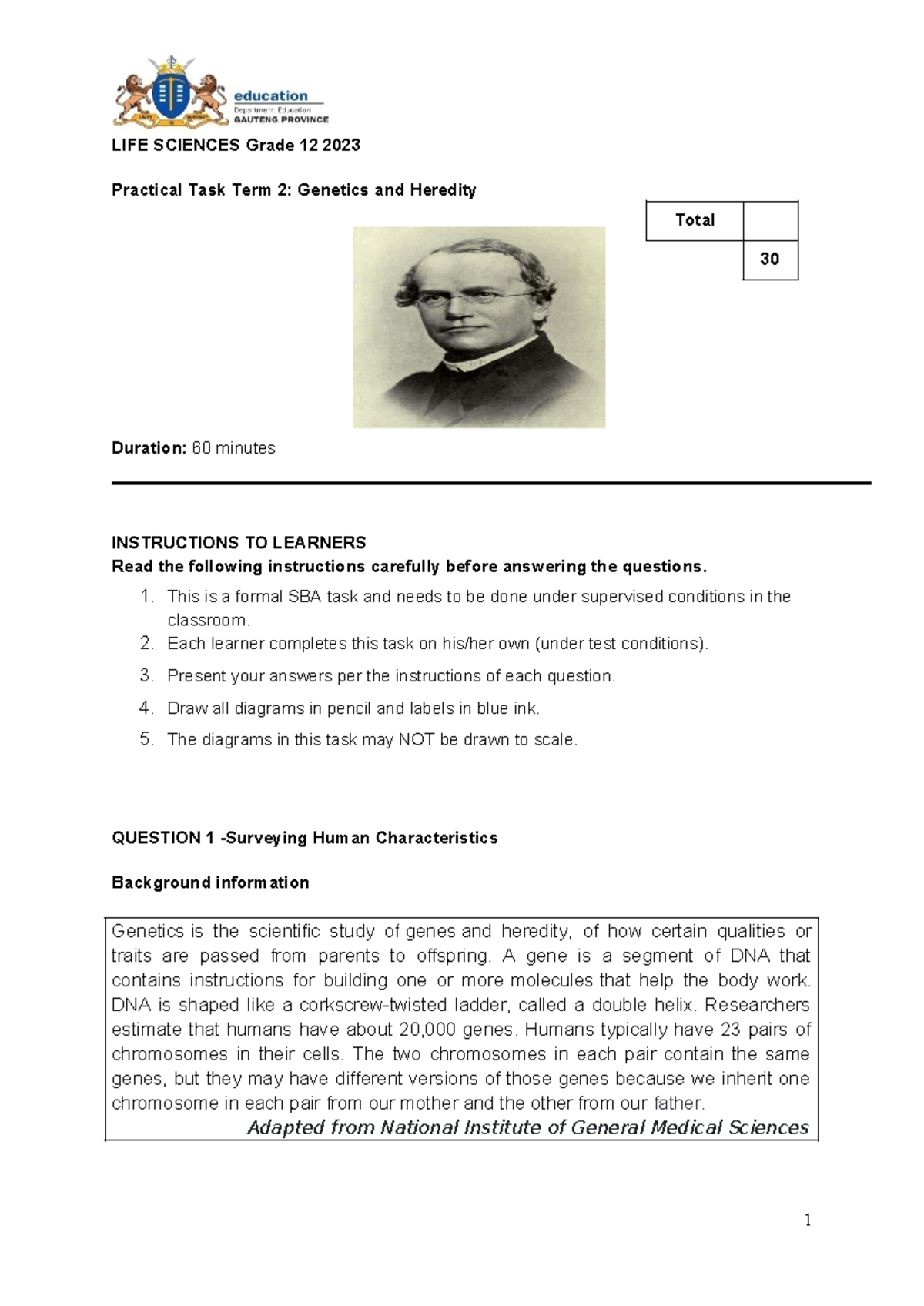 LIFE SCIENCES Grade 12 Term 2 Practical Task 2023: Genetics & Heredity ...