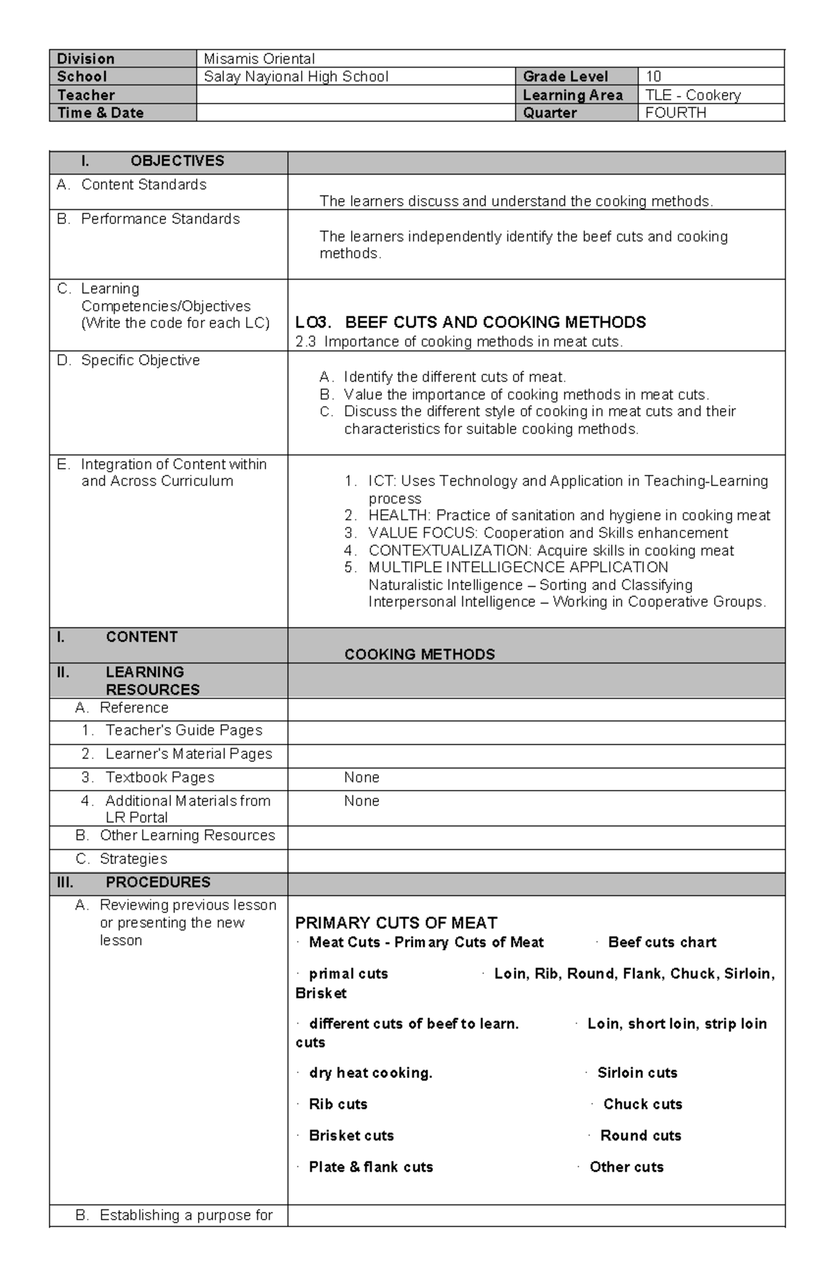 3rd DLP - HOME ECONOMICS: Cooking Methods & Beef Cuts - Studocu
