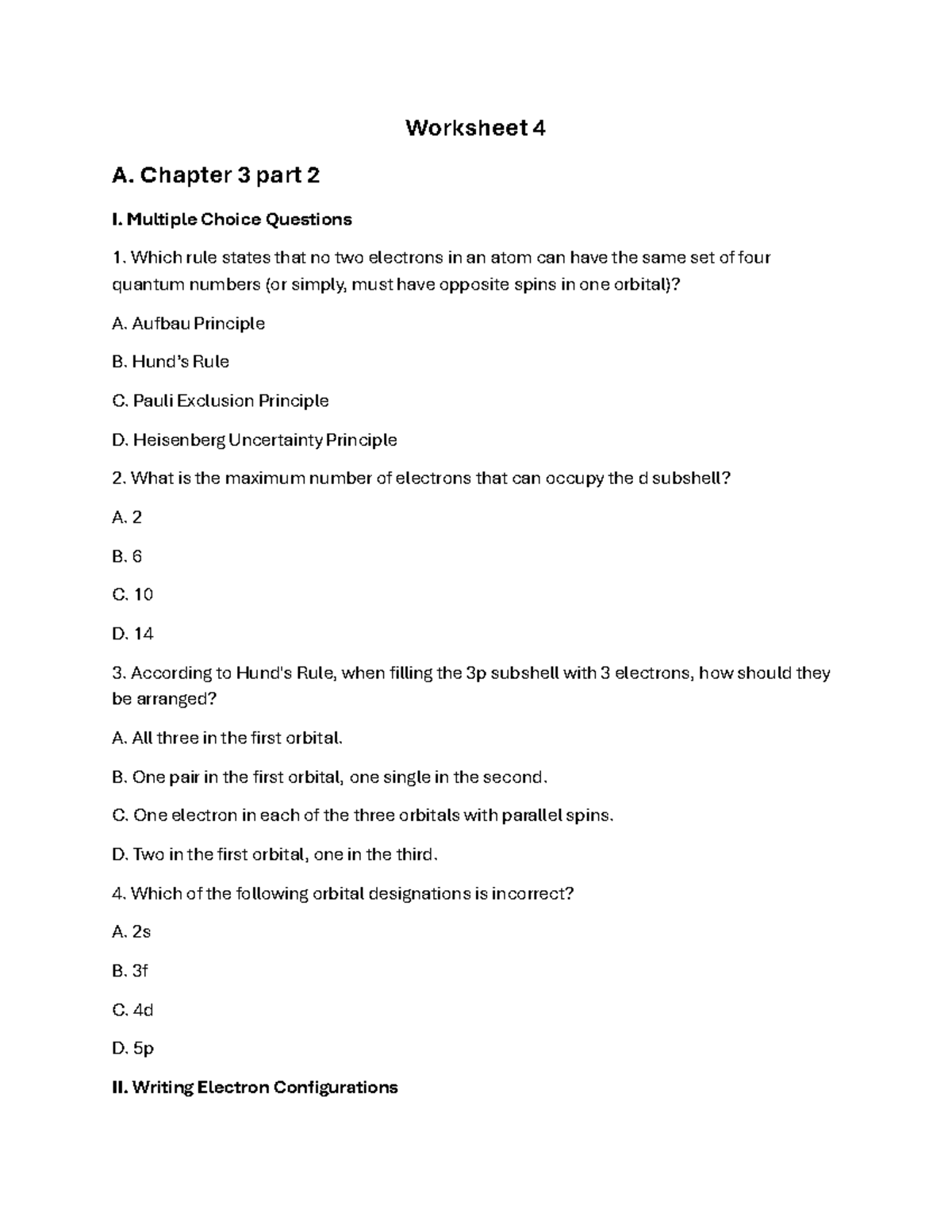 Worksheet 4: Chapter 3 Part 2 - MCQs & Electron Configurations - Studocu