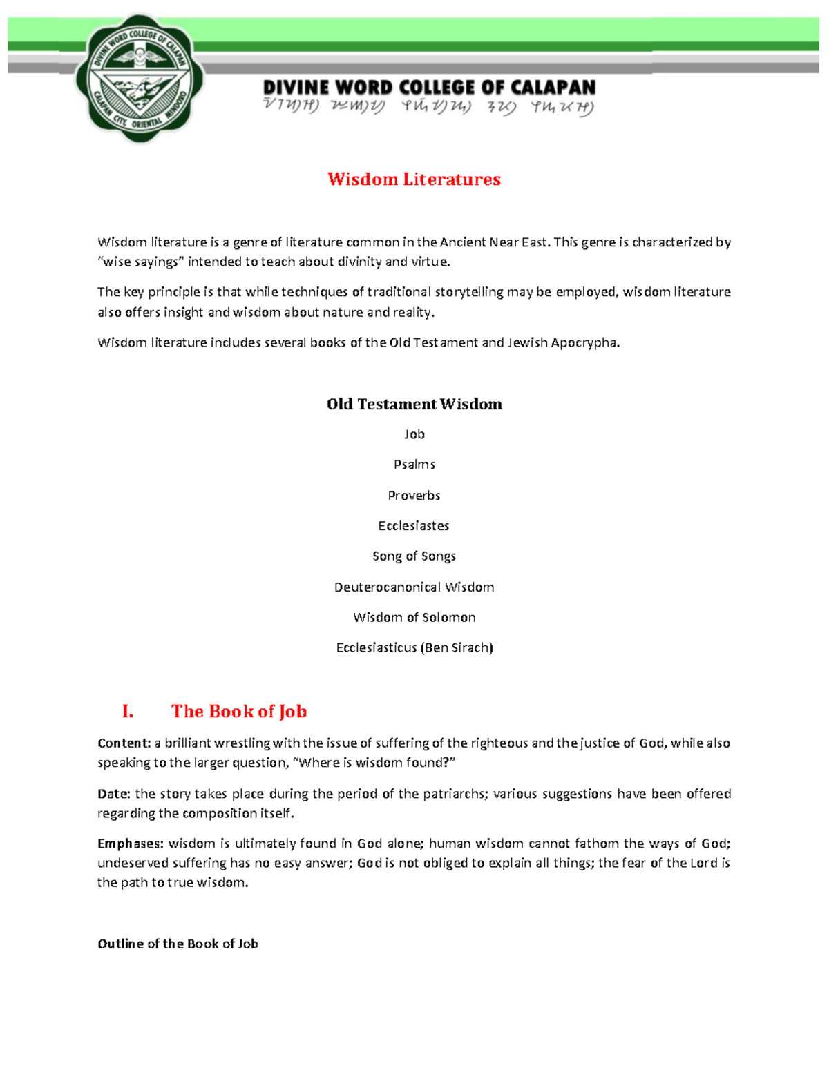 Wisdom Literature - Key Insights and Analysis Notes - Studocu