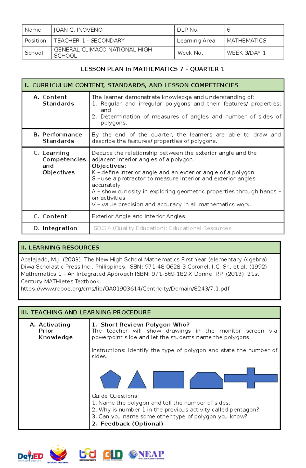 Mathematics 7 Lesson Plan: Week 1 - Polygons & Angles - Studocu