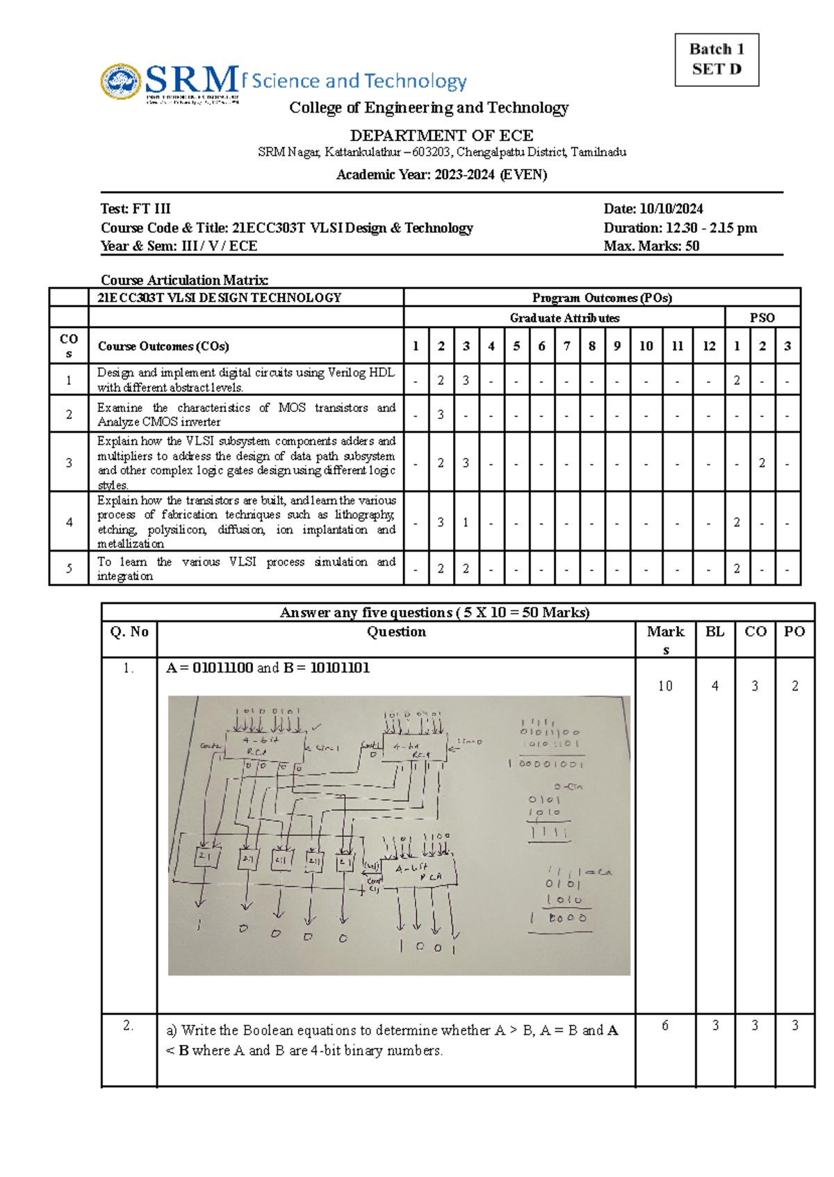 21ECC303T-Final Exam Answer Key for VLSI Design & Technology - Studocu