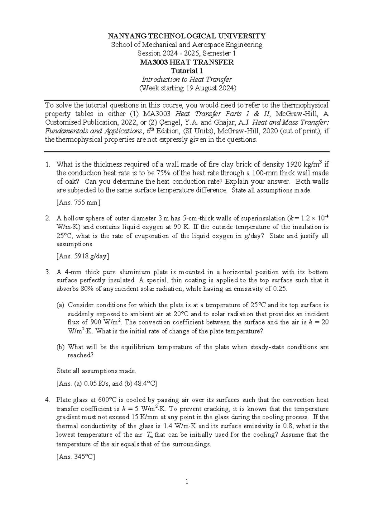 Tutorial 1 - Intro To Heat Transfer 2 - 1 NANYANG TECHNOLOGICAL ...