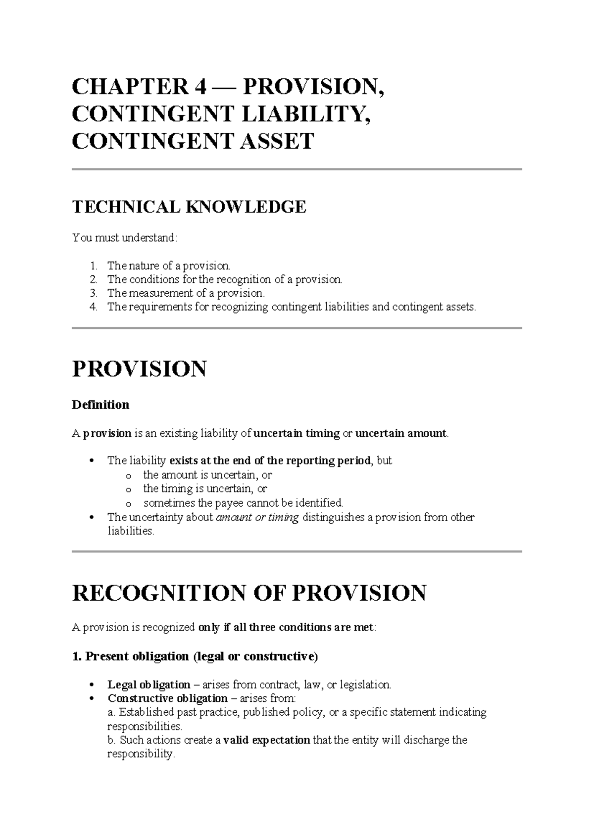 ACC 211 CHAPTER 4: Provisions, Contingent Liabilities & Assets Summary ...