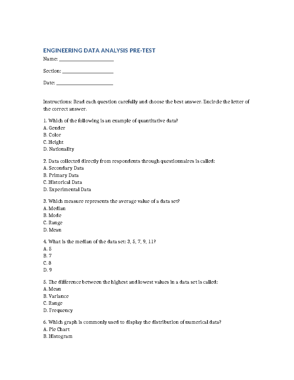 ENGR 101: Engineering Data Analysis Pretest Questions - Studocu