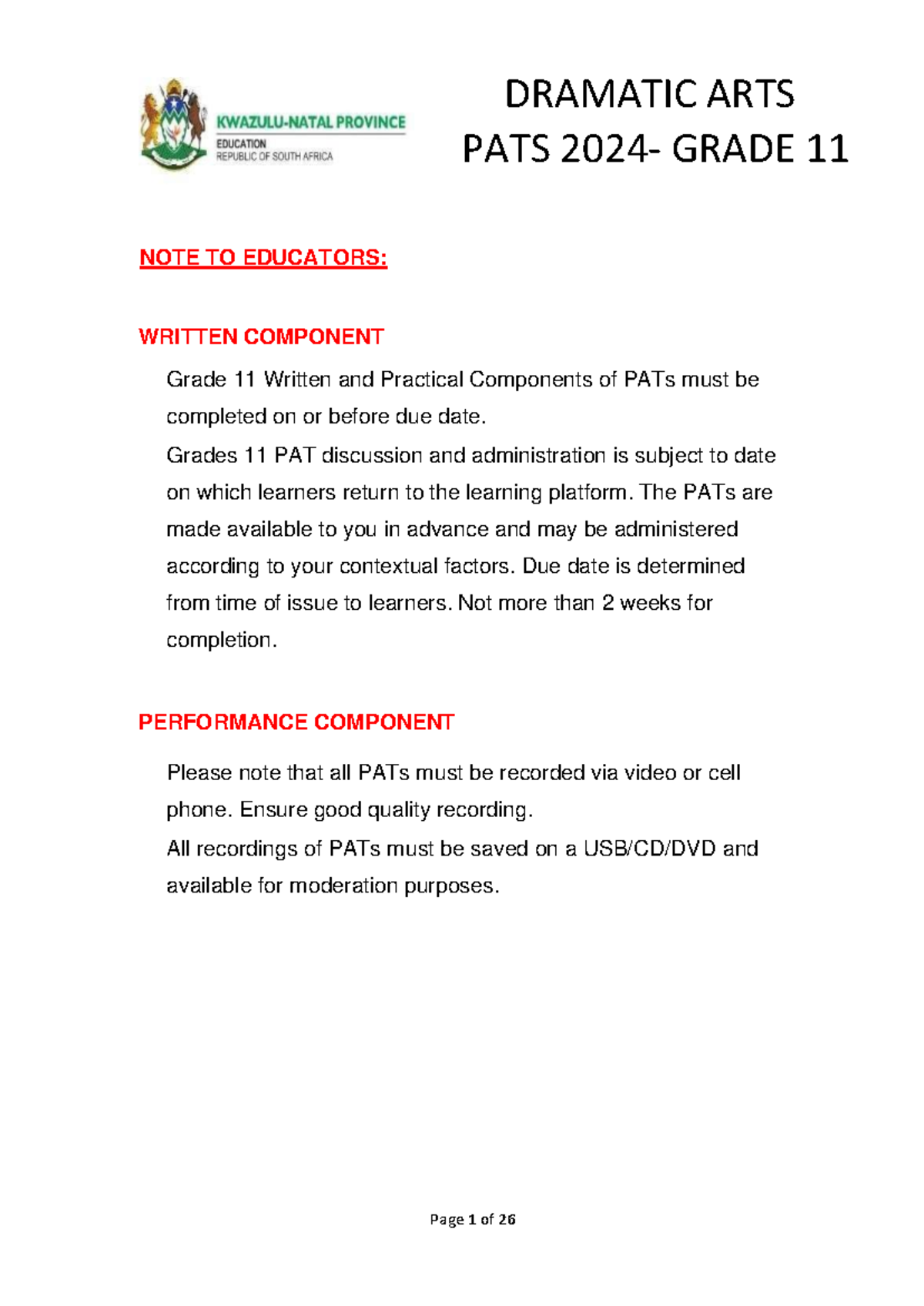 Dramatic Arts Grade 11 PATs 2024: Written & Performance Components ...