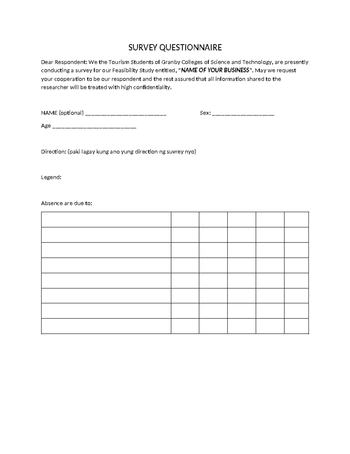 Survey- Questionnaire- Sample - SURVEY QUESTIONNAIRE Dear Respondent ...