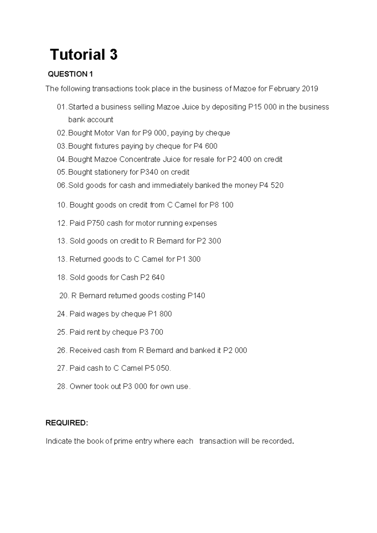 Tutorial 3: Books of Prime Entry for Mazoe Transactions - Studocu