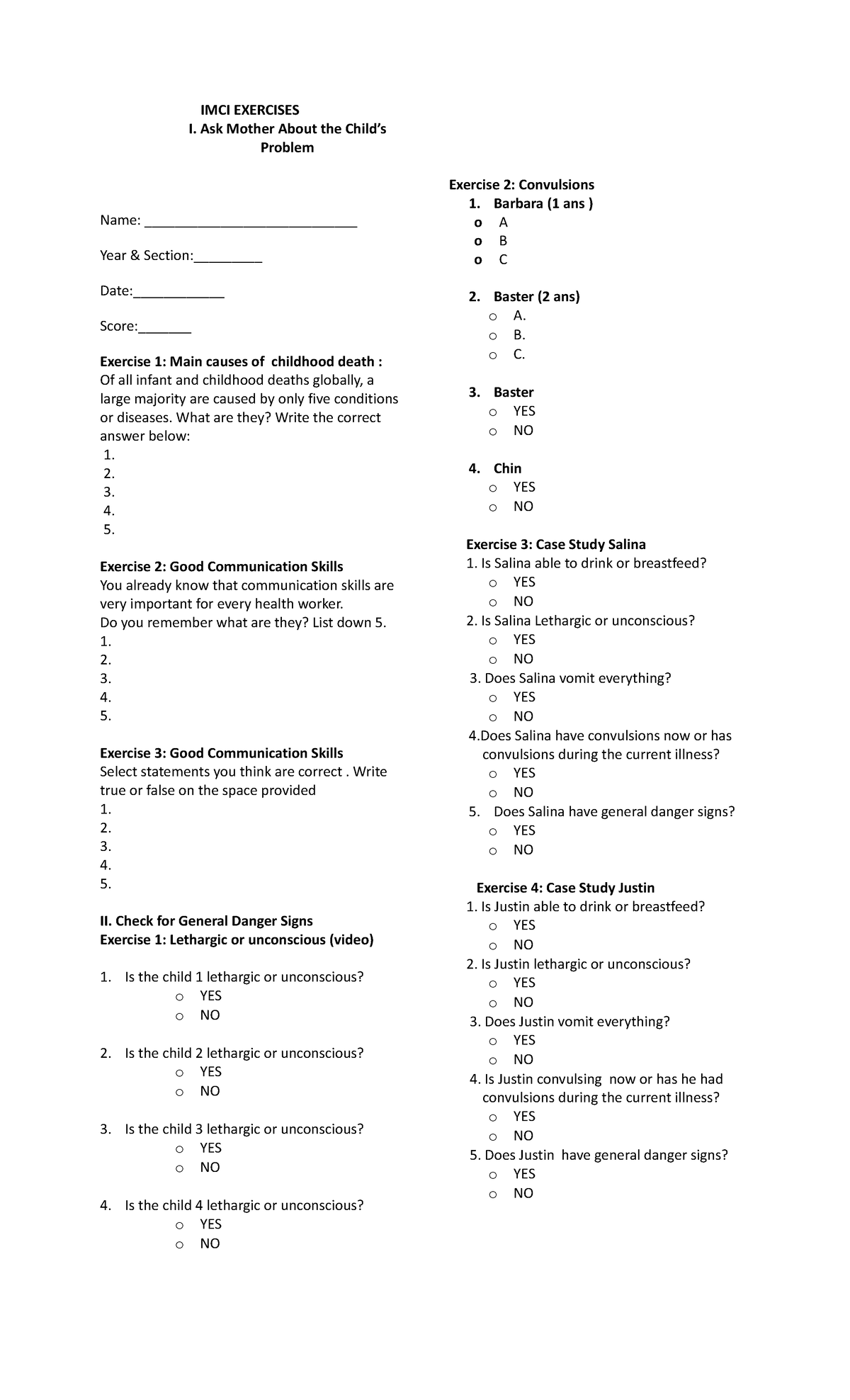 IMCI Exercises Answer sheet - IMCI EXERCISES I. Ask Mother About the ...