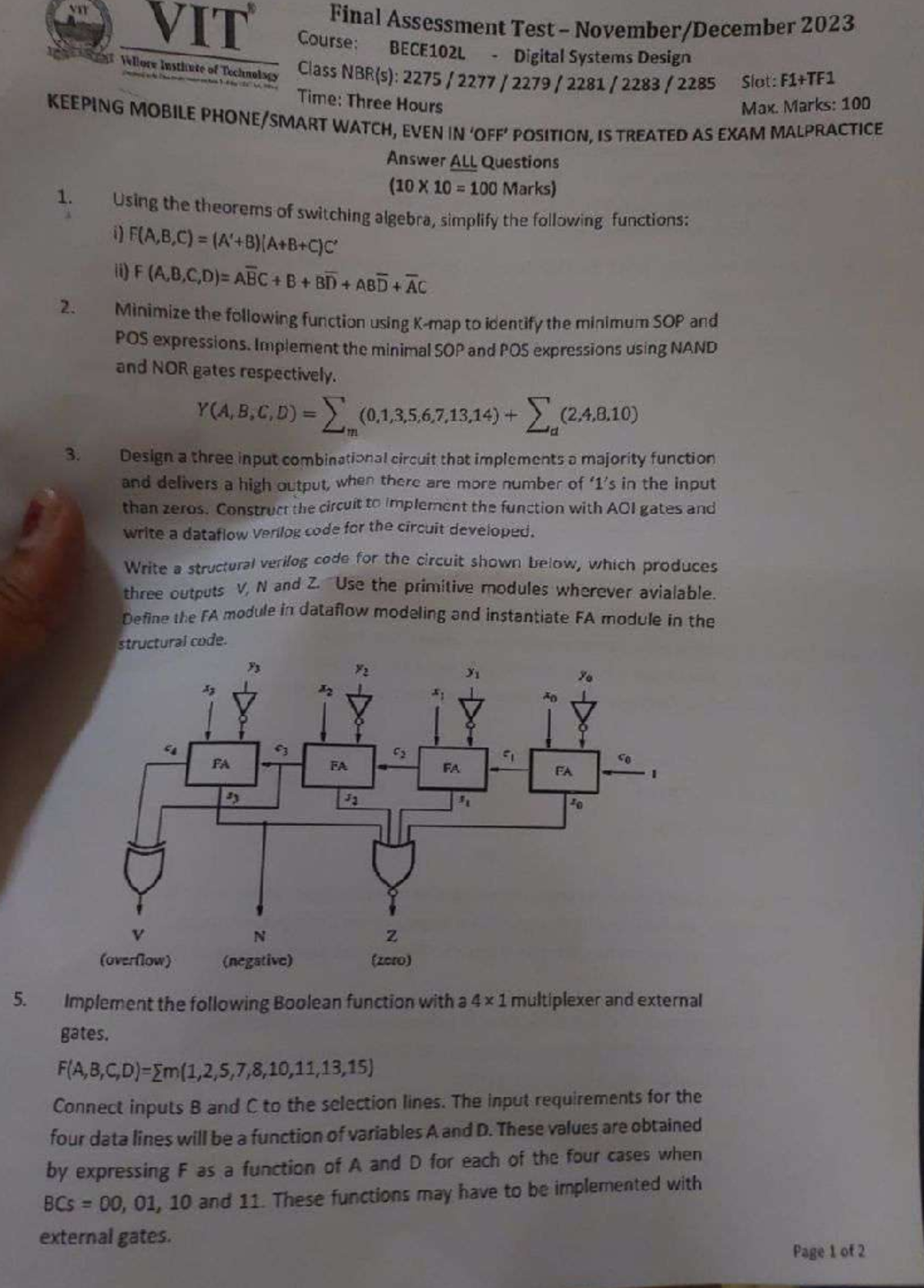 Final Assessment Test 2023: BECE102L Digital Systems Design - Studocu