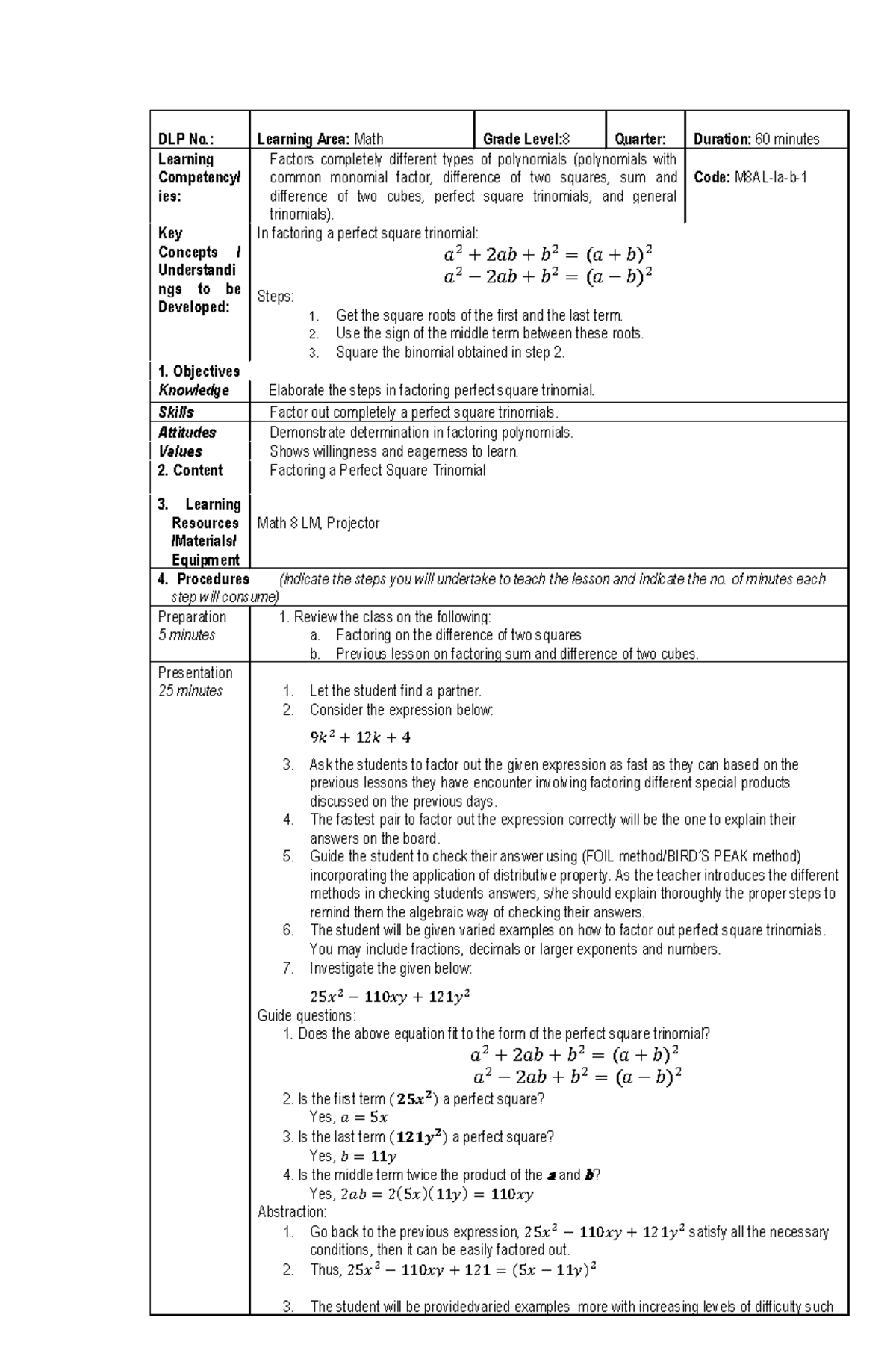 DLP4 Math 8 Q1: Lesson Plan on Factoring Perfect Square Trinomials ...
