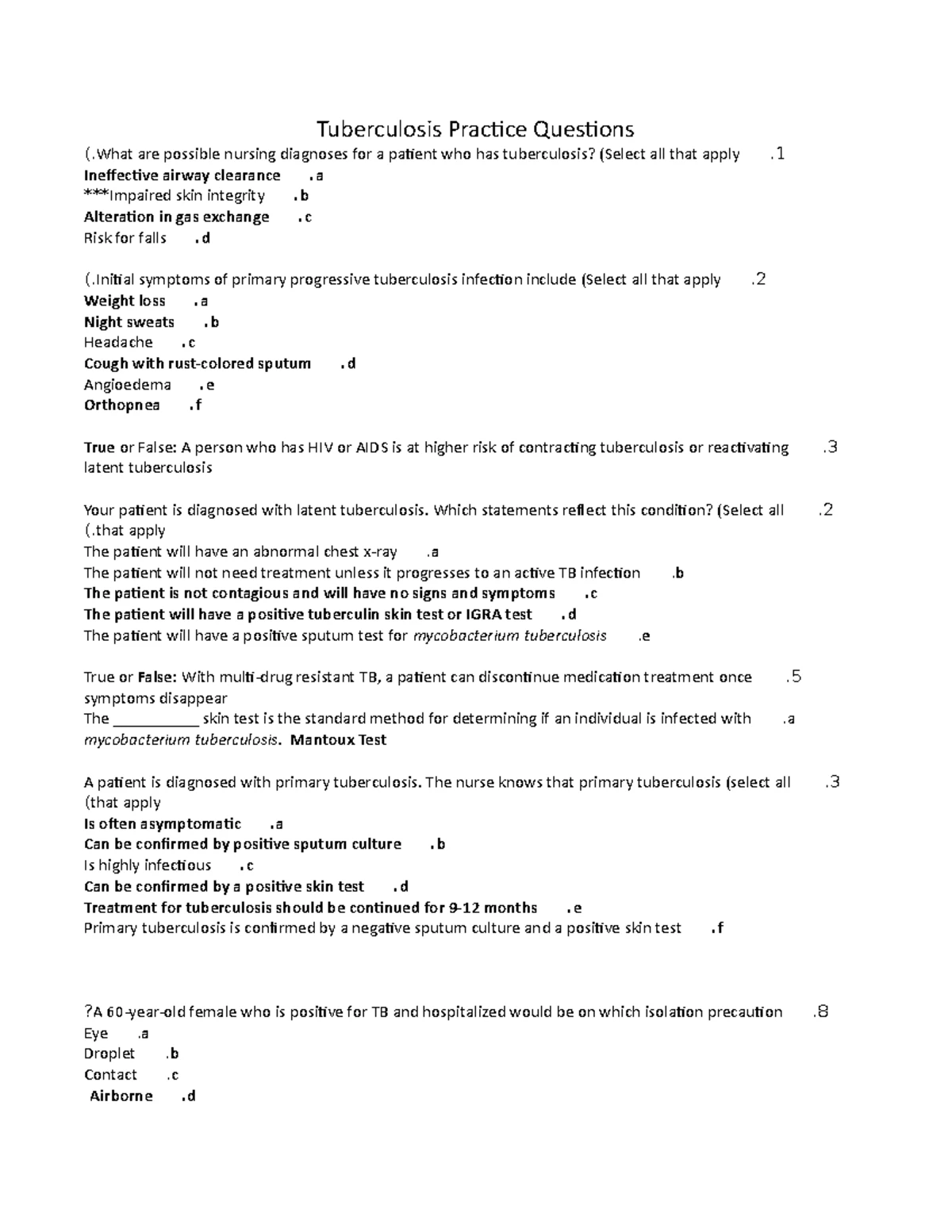 TB Quiz Answers - quiz - Tuberculosis Practice Questions (.What are ...