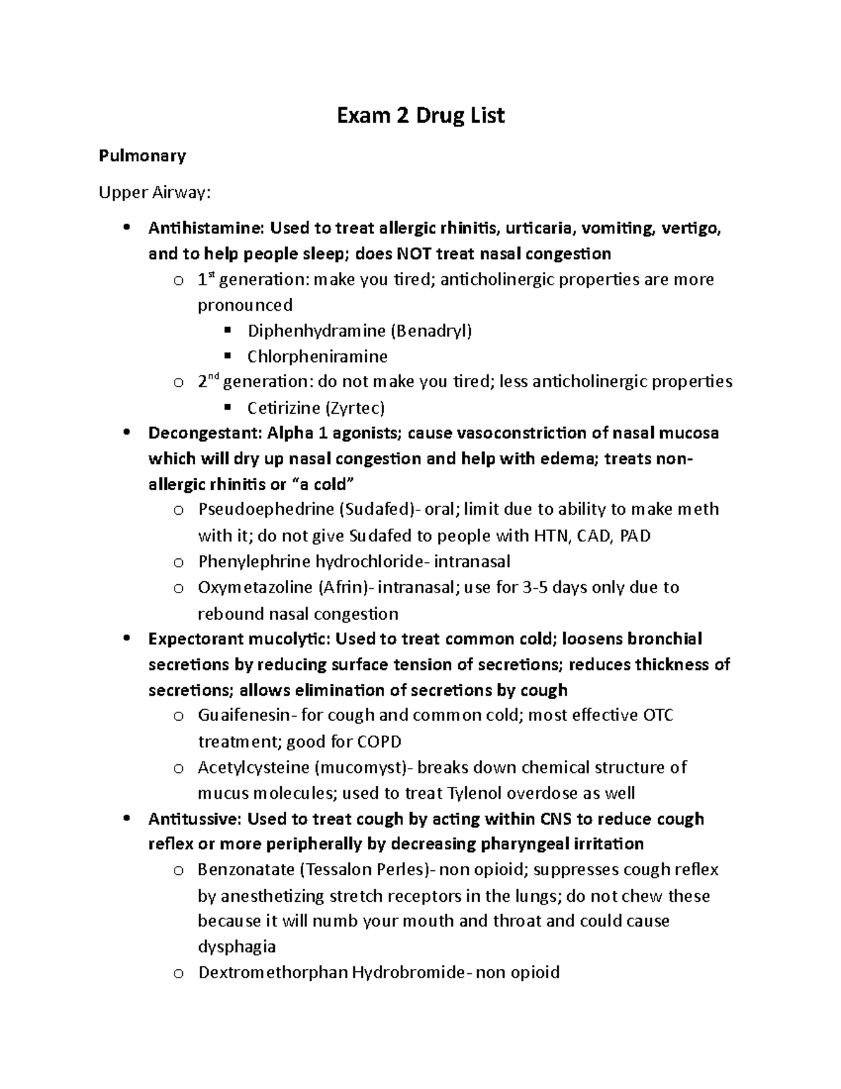 Exam 2 Drug List - Drug list for exam 2 with notes about each drug for ...