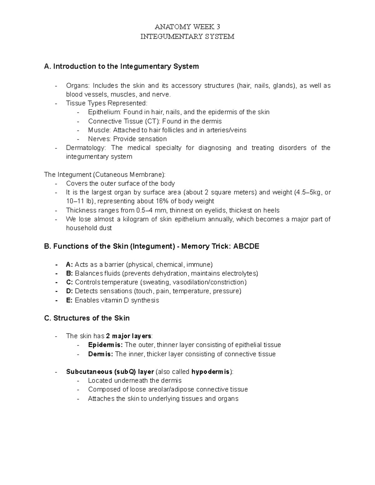 Anatomy Week 3 - Integumentary System Study Guide for Test - Studocu