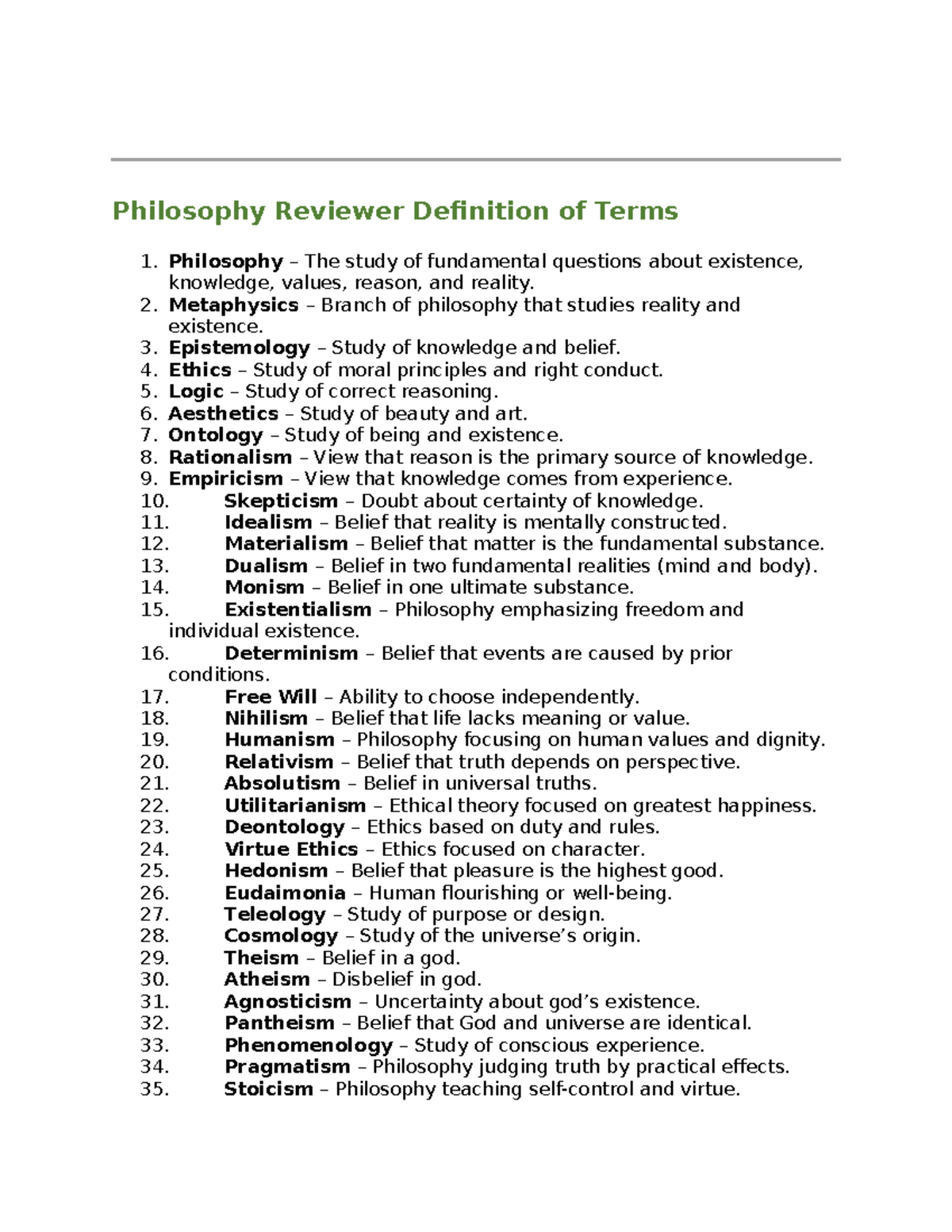 Philosophy 101: Key Terms and Concepts Overview - Studocu