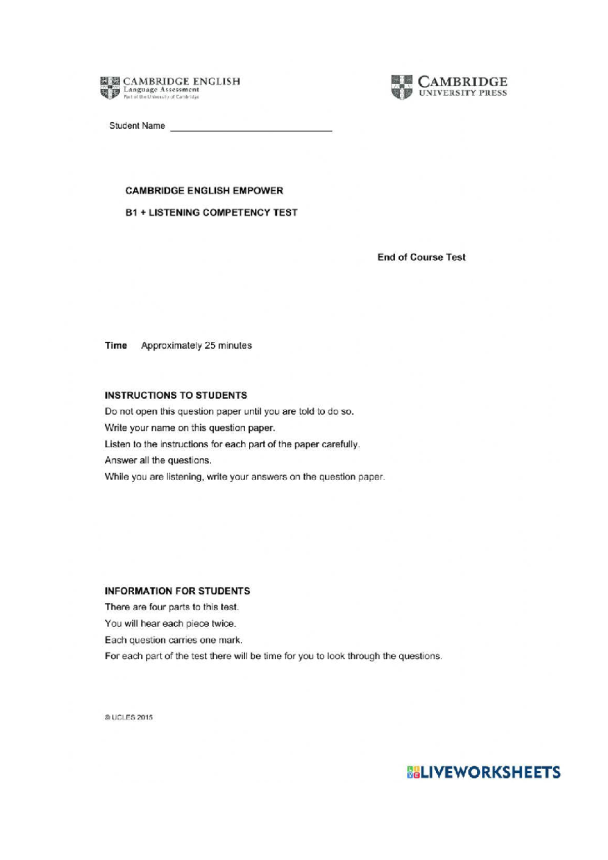 Listening Competency Test - Cambridge English Empower B1 - Studocu