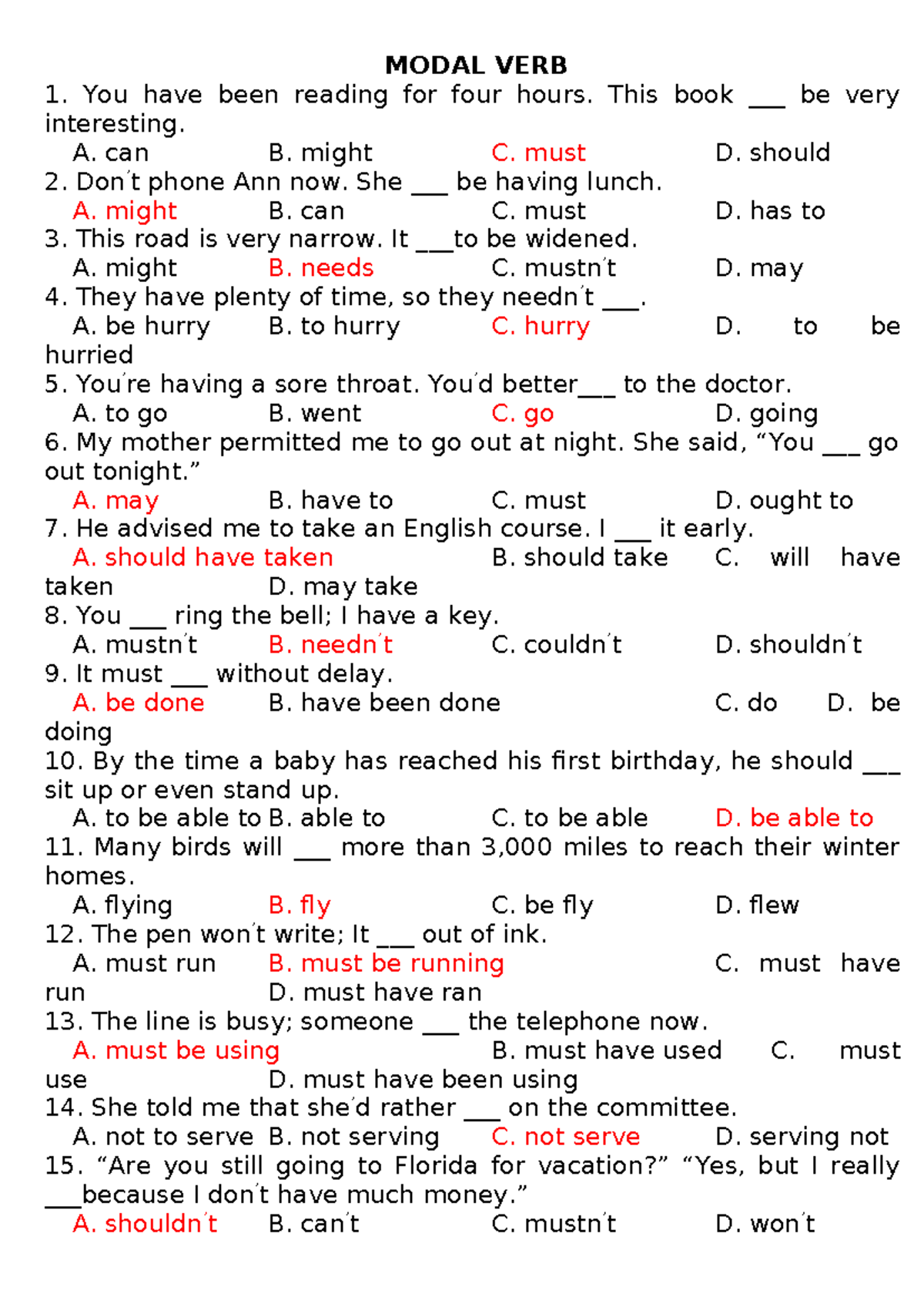 Modal Verbs- 50 - anh - MODAL VERB You have been reading for four hours ...