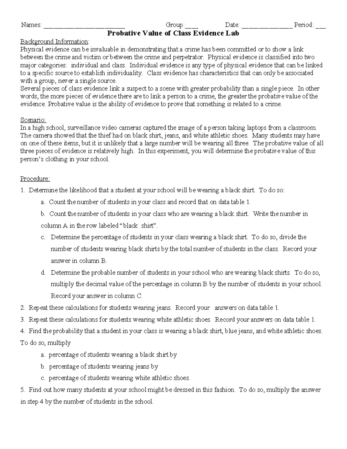 Probative Value of Class Evidence Lab (Science 101) - Studocu