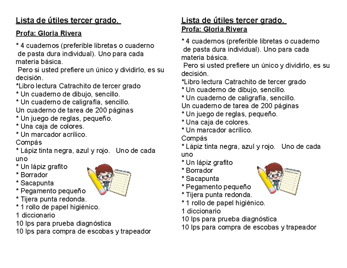 Lista de útiles escolares 3er grado - Profa. Gloria Rivera - Studocu