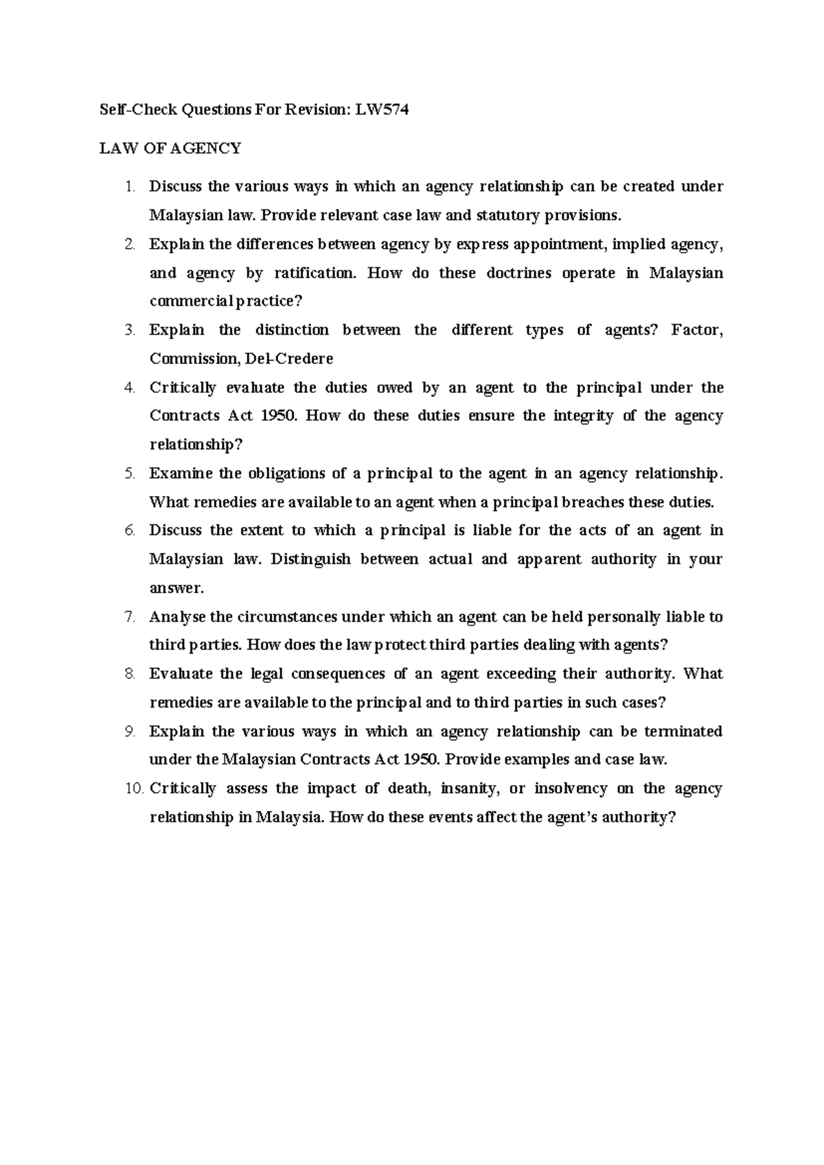 Self-Check Questions: LW574 Law of Agency Revision Guide - Studocu
