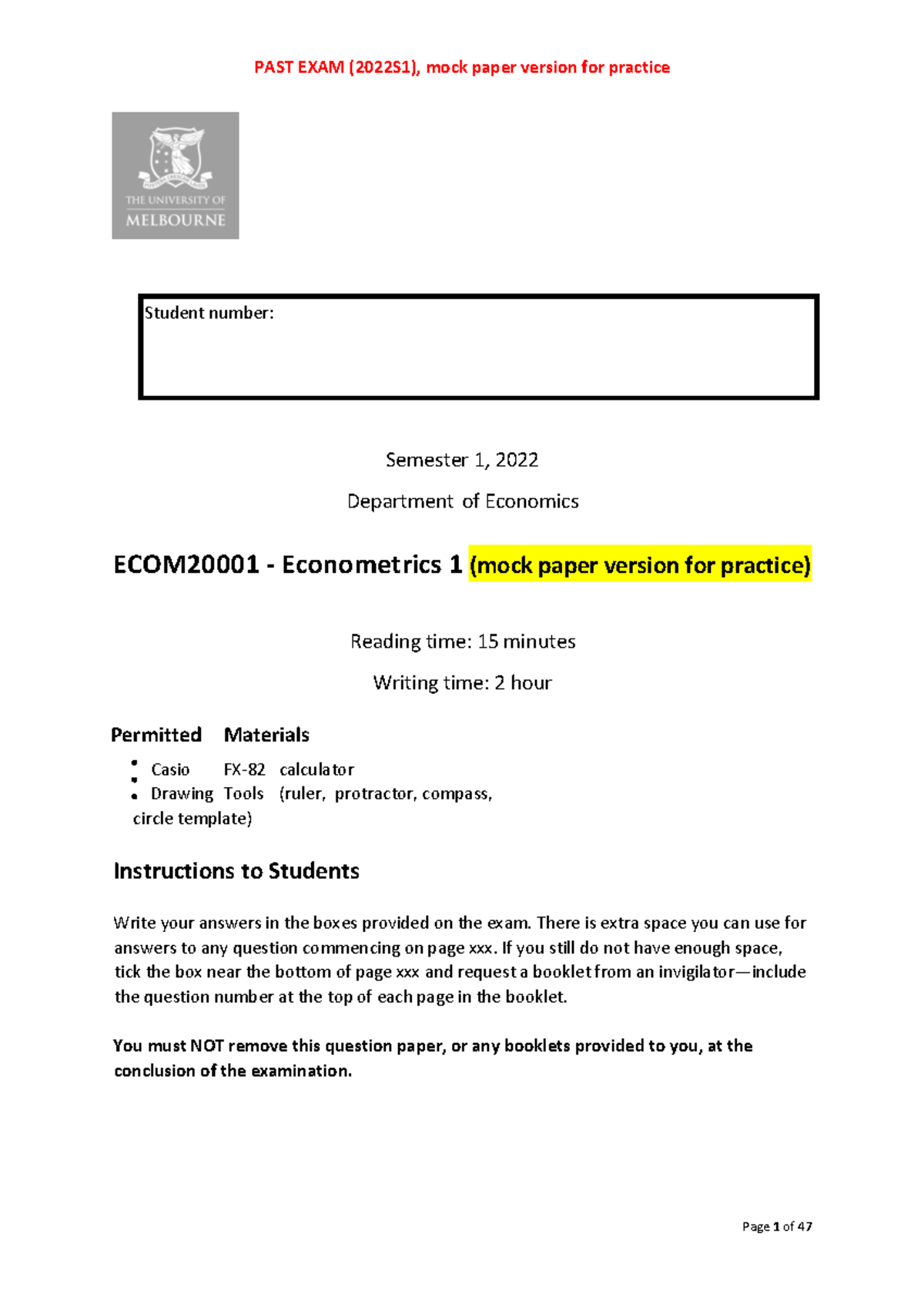 Final Exam Mock Paper ECOM20001 - Econometrics 1 (2022 S1) - Studocu
