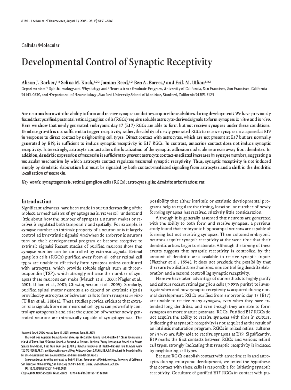 8150 Developmental Control of Synaptic Receptivity in E17 RGCs - Studocu