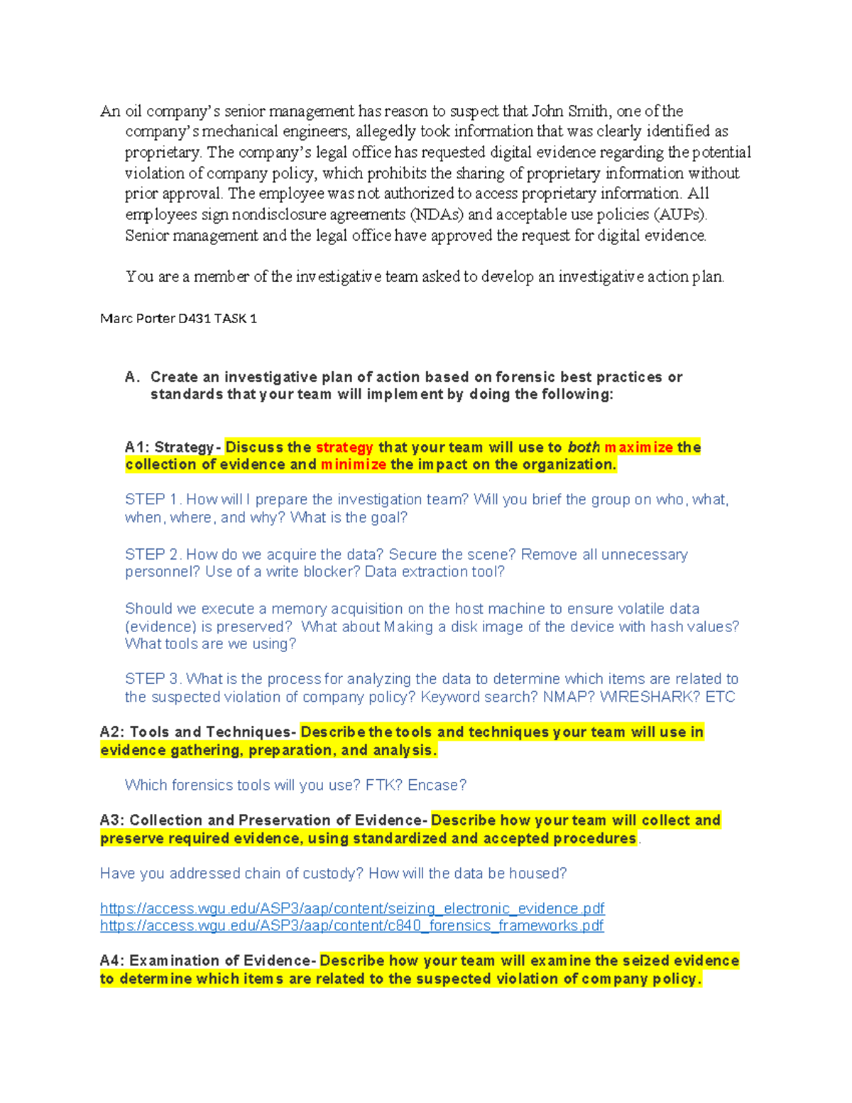 D431 TASK 1 - Investigative Action Plan for Digital Evidence Collection ...
