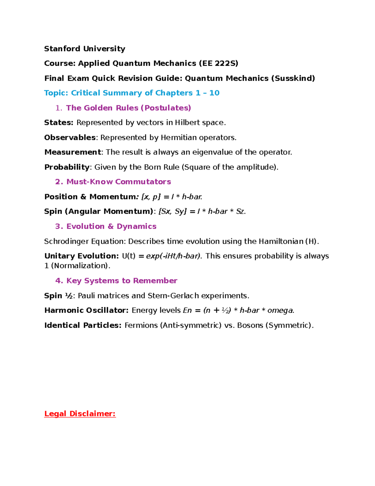 Quantum EE222S Final Exam Revision Guide: Key Concepts in Quantum Mechanics - Studocu